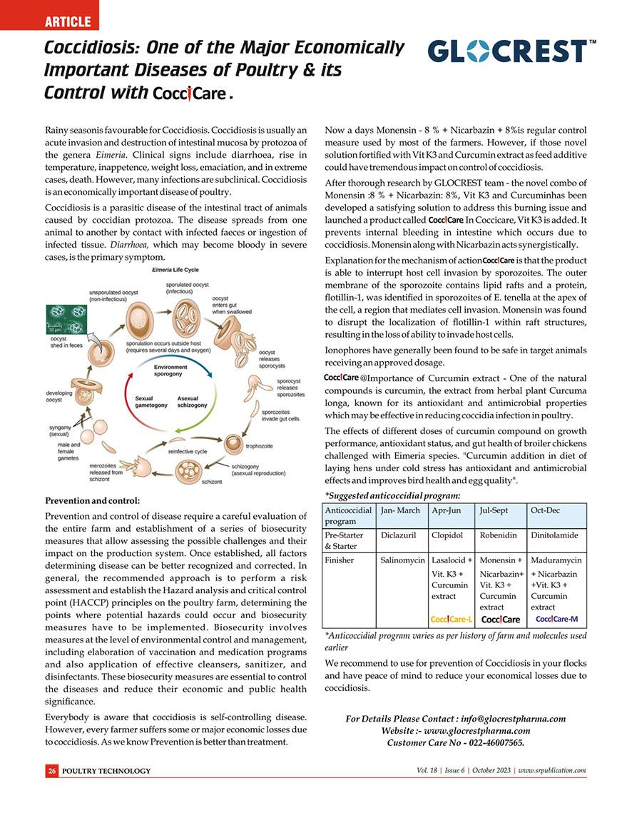 Coccidiosis: One of the Major Economically Important Diseases of Poultry & Its Control With ...